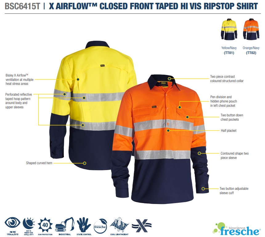 BISLEY BSC6415T Airflow Closed Front Taped Ripstop Long Sleeve Shirt ...